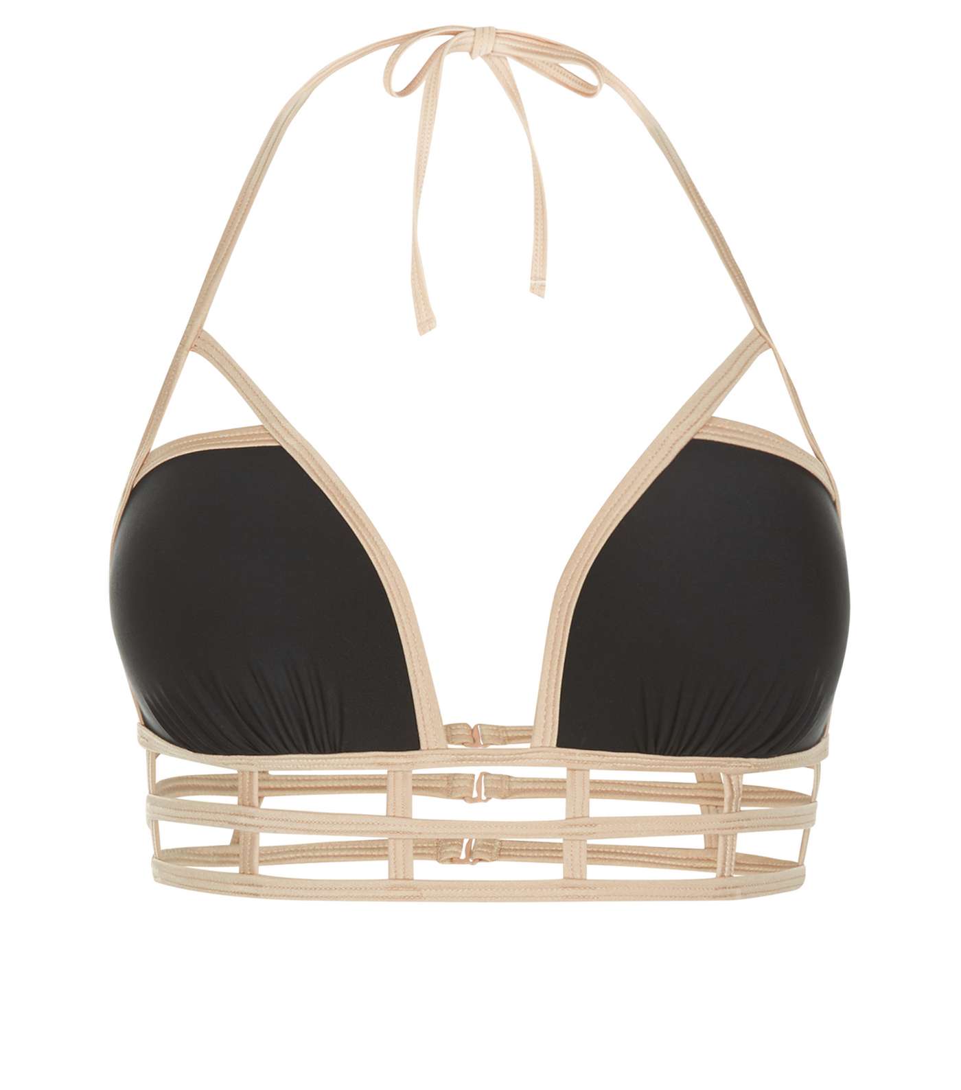 Black Contrast Trim Caged Bikini Top New Look