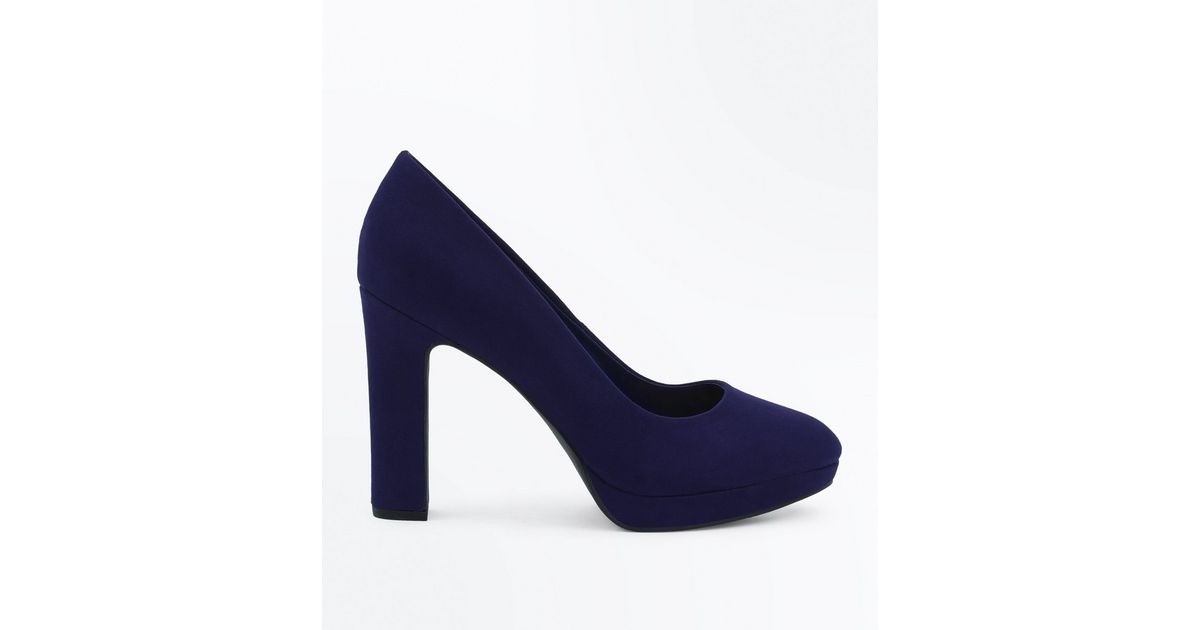 Wide Fit Navy Suedette Platform Court Shoes | New Look