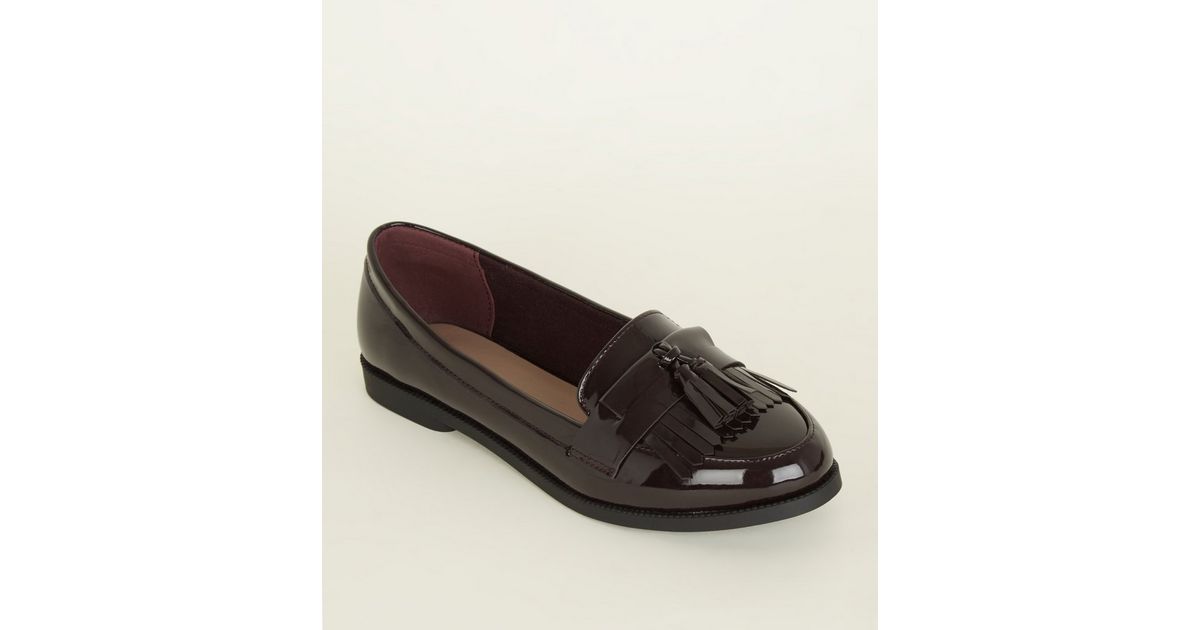 Dark Red Patent Fringe Front Loafers | New Look