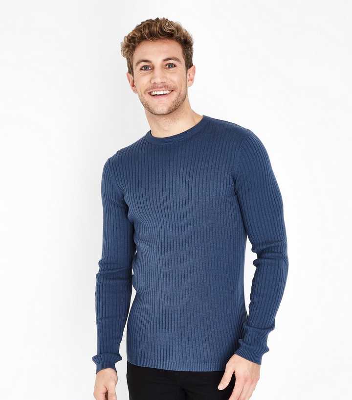 Blue Ribbed Muscle Fit Jumper | New Look