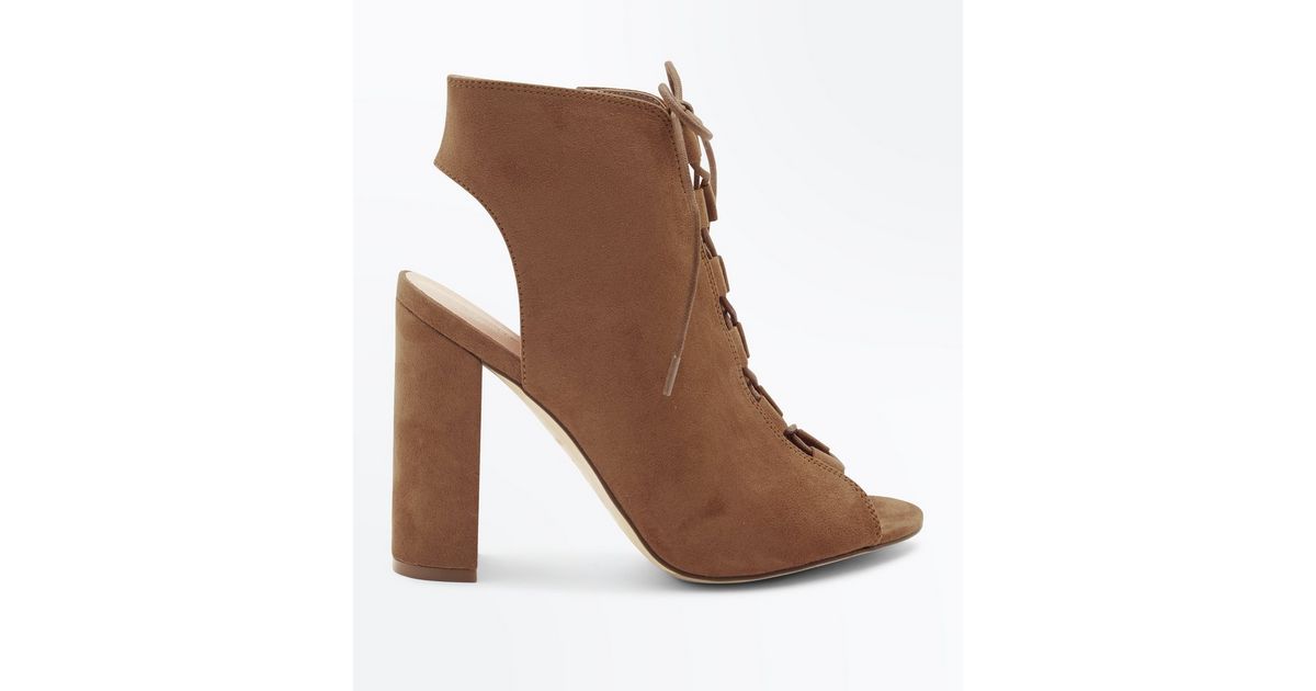 Tan Suedette Lace Up Peep Toe Heels | New Look