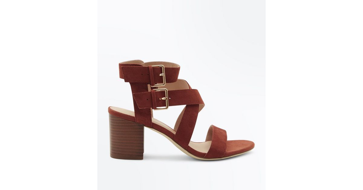 Rust Suedette Buckle Side Strappy Block Heels | New Look
