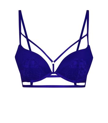 Dark Blue Strappy Lace Longline Push-Up Bra | New Look