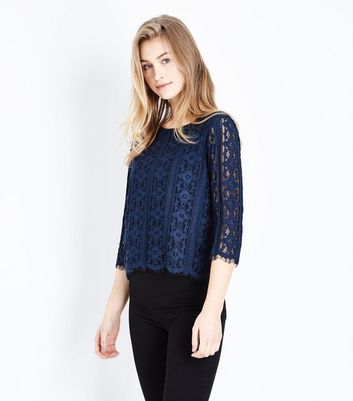 Navy Scallop Hem Lace Top | New Look