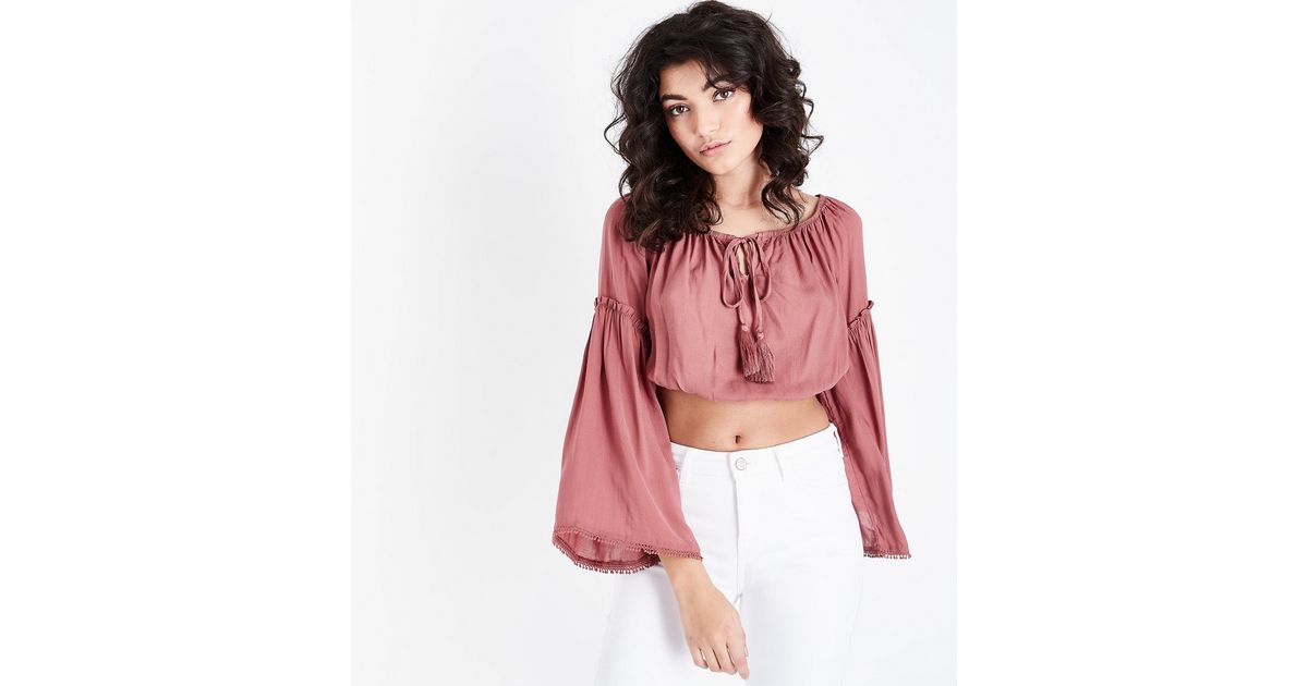 Pink Bell Sleeve Tassel Bardot Crop Top | New Look