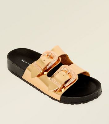 Rose Gold Metallic Western Buckle Sliders | New Look