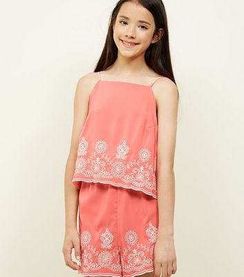 Girls Coral Floral Embroidered Layered Playsuit | New Look