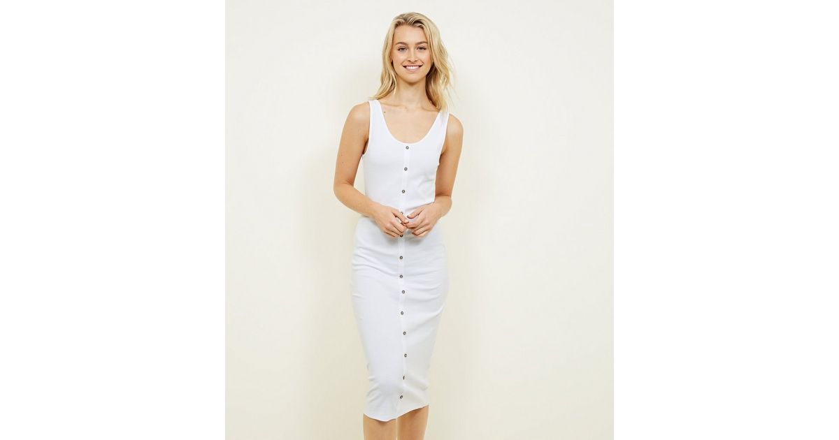 White Ribbed Button Front Midi Dress | New Look