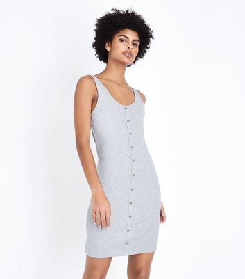 Grey Ribbed Button Front Bodycon Dress | New Look