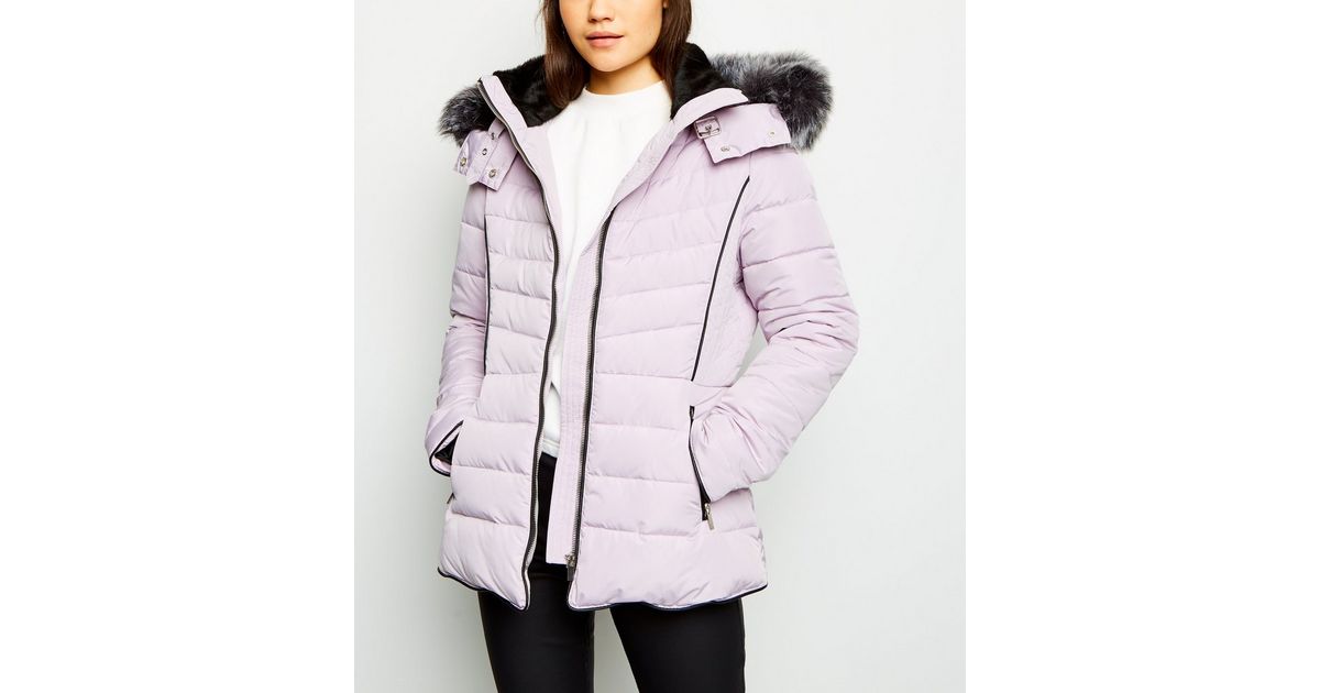 Lilac Faux Fur Trim Hooded Puffer Jacket | New Look