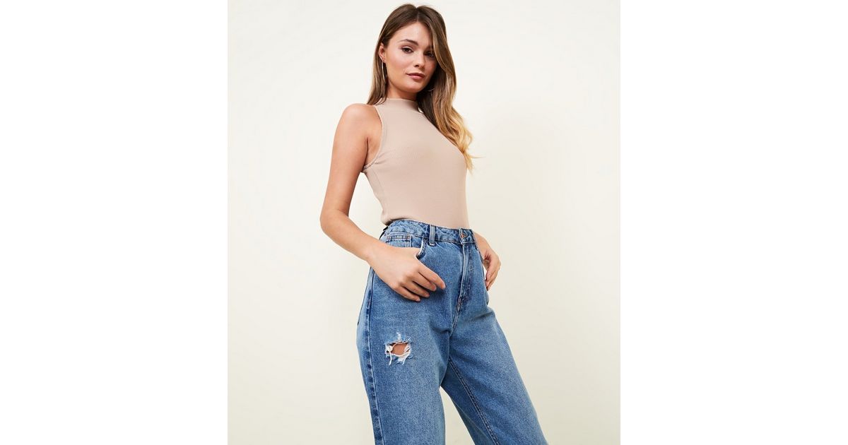 Camel Ribbed High Neck Bodysuit | New Look