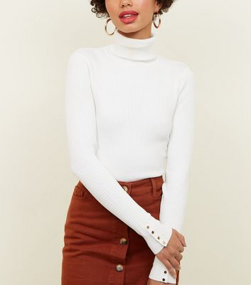 Off White Roll Neck Popper Cuff Jumper | New Look