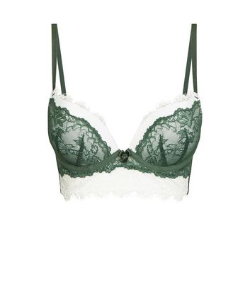 Olive Green Layered Lace Longline Push-Up Bra | New Look