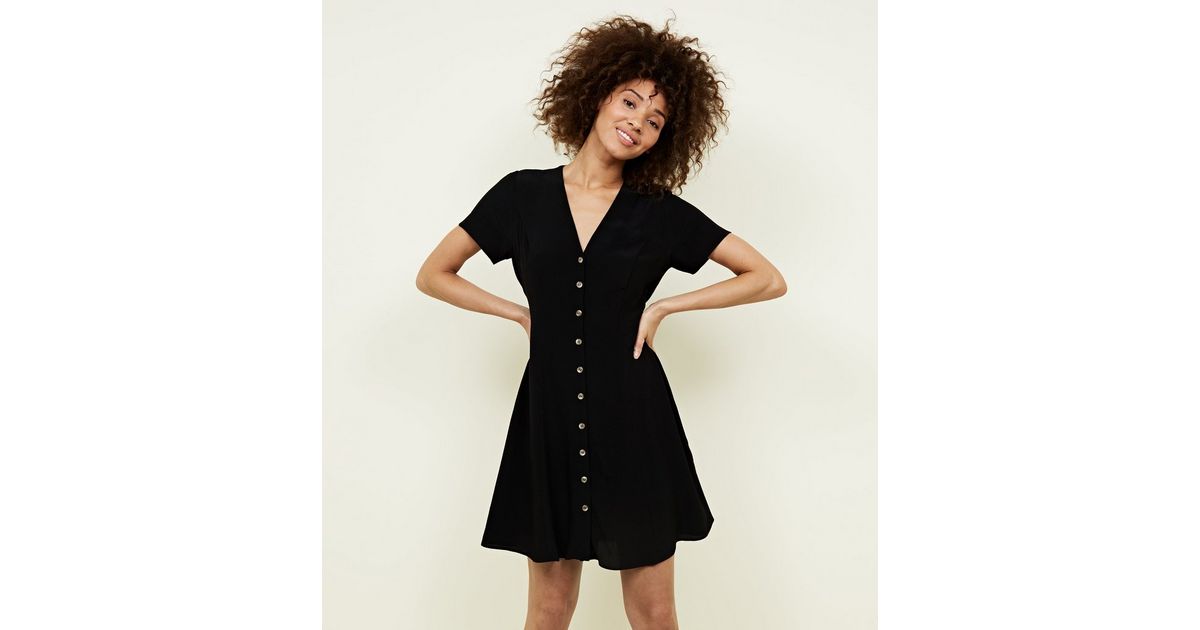 Black V Neck Button Front Tea Dress | New Look