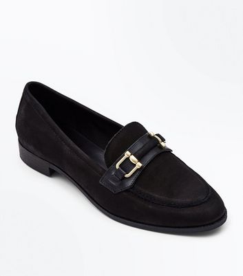 Black Leather Bar Front Loafers | New Look