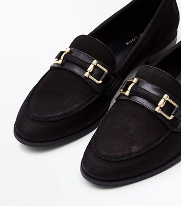 Black Leather Bar Front Loafers | New Look