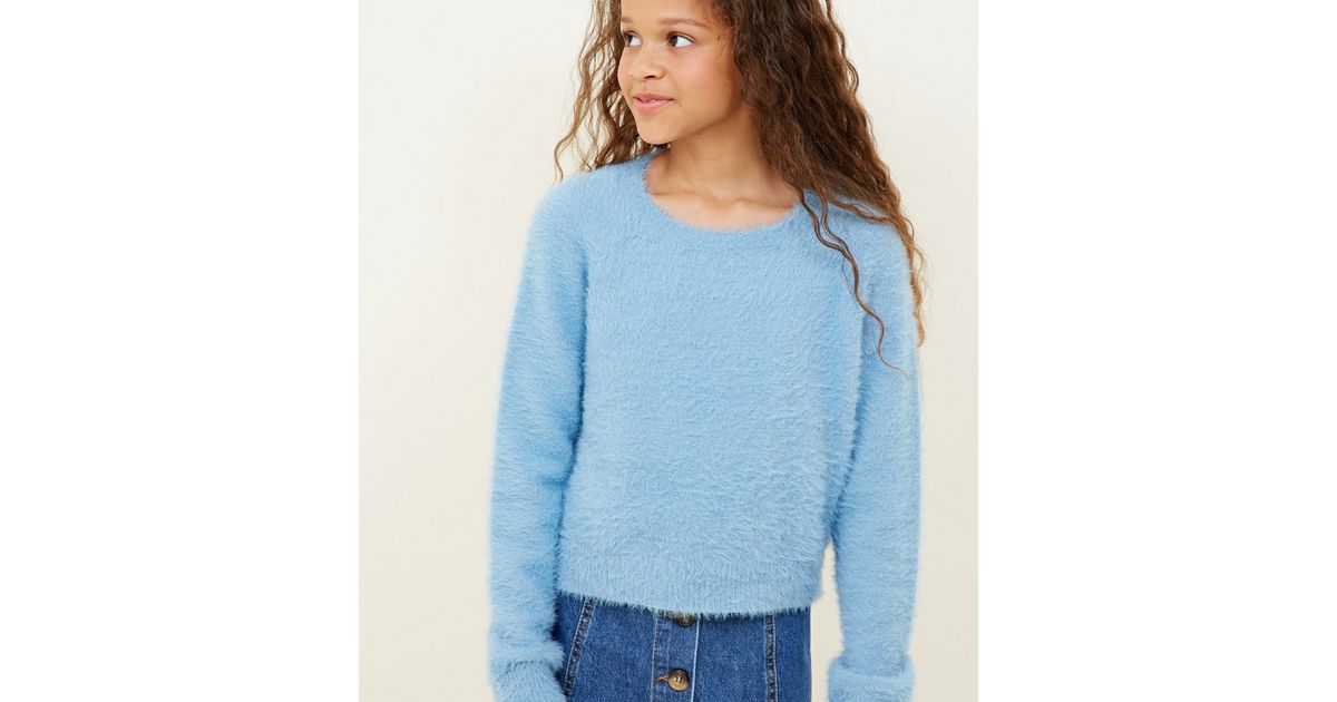 Girls Pale Blue Fluffy Boxy Jumper | New Look