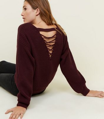 Burgundy Ribbed Lattice Back Jumper | New Look