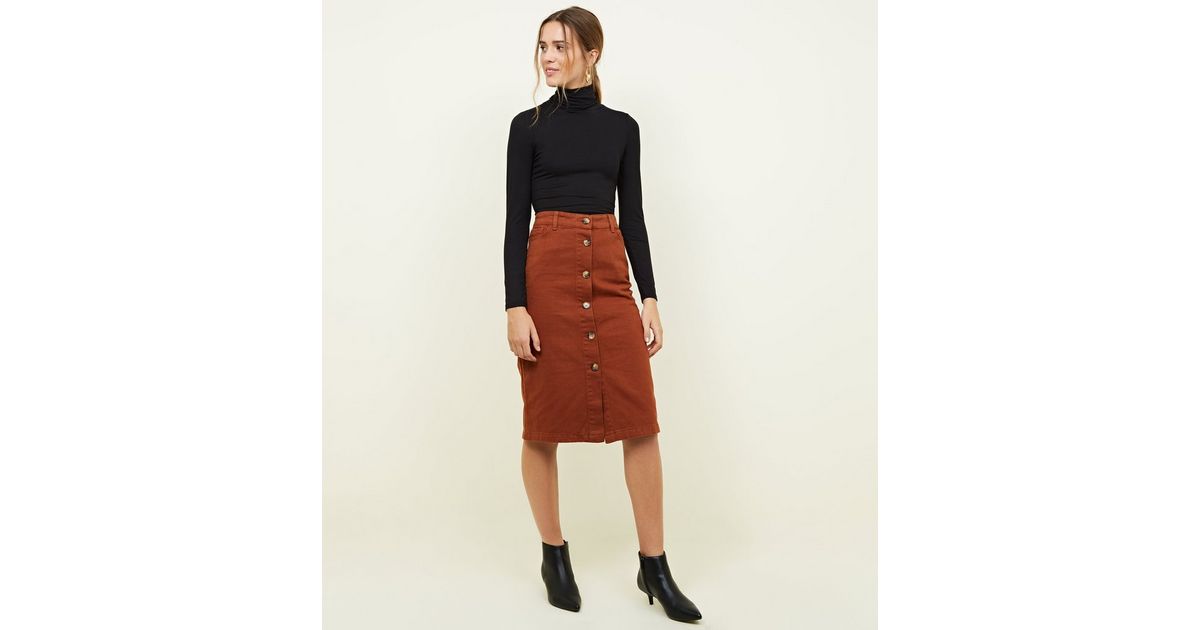 Rust Button Up Denim Midi Skirt | New Look