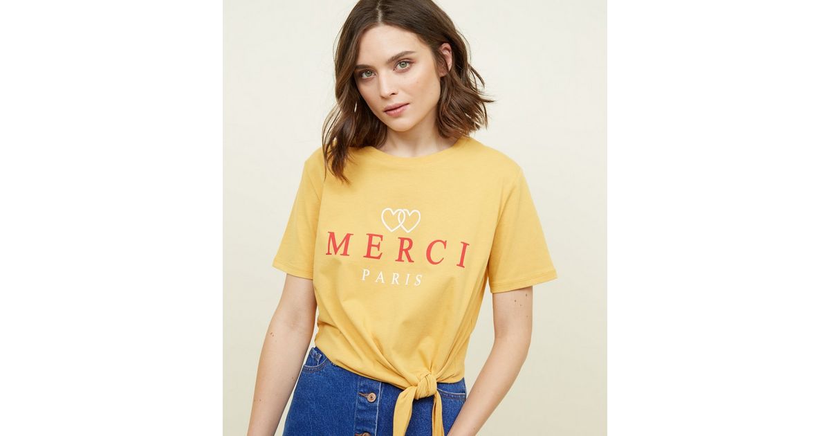 Yellow Merci Heart Print Tie Side T-Shirt | New Look