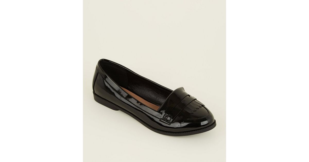 Wide Fit Black Patent Fringe Front Loafers | New Look