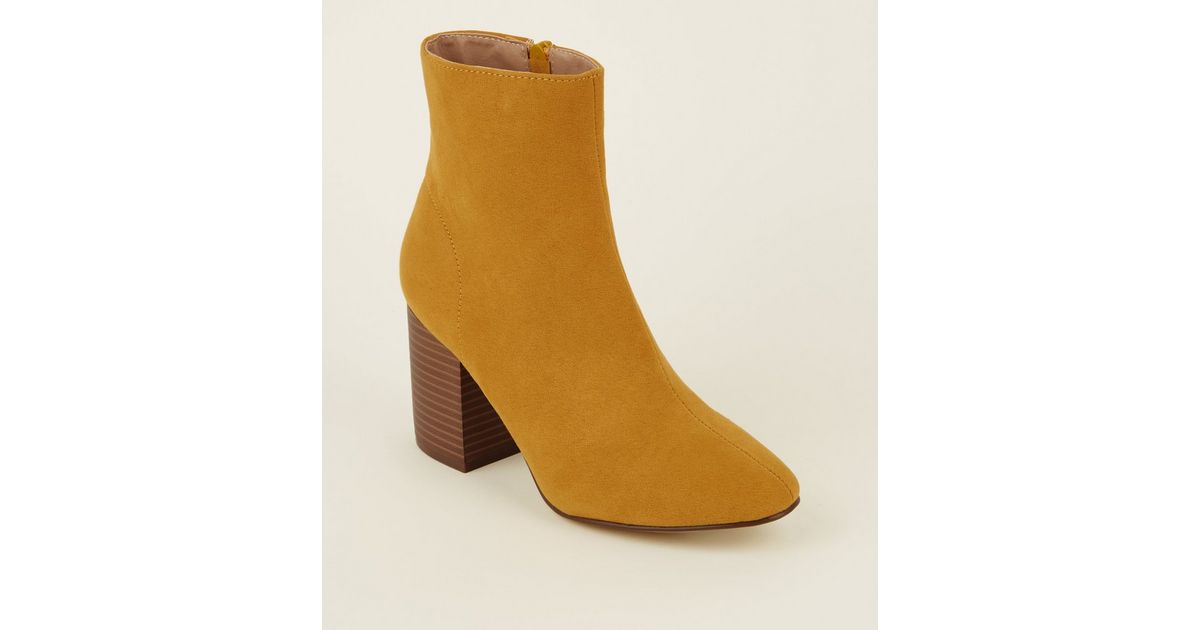 Mustard Suedette Block Heel Ankle Boots | New Look