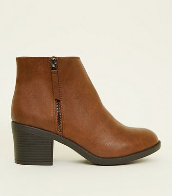Wide Fit Tan Zip Side Block Heel Ankle Boots | New Look