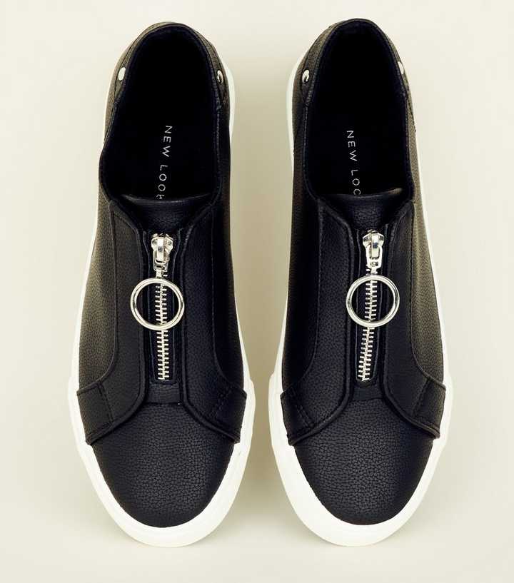 Black Leather-Look Zip Up Studded Trainers New Look | atelier-yuwa.ciao.jp