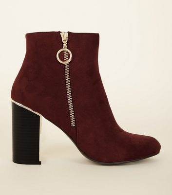 Dark Red Suedette Metal Heel Ankle Boots | New Look