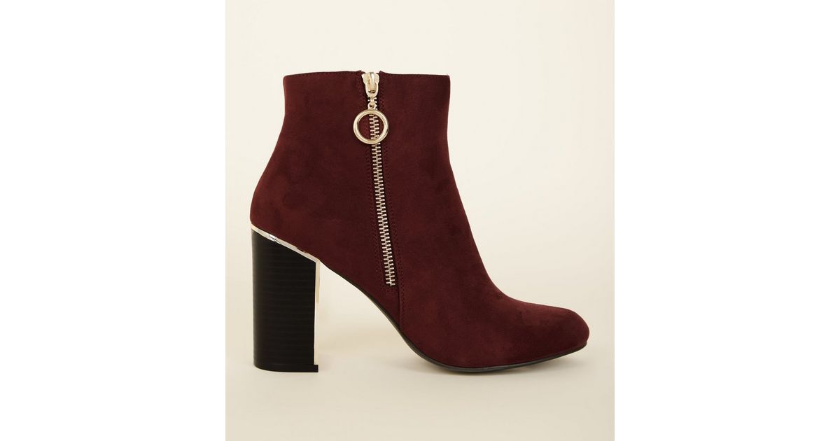 Dark Red Suedette Metal Heel Ankle Boots | New Look