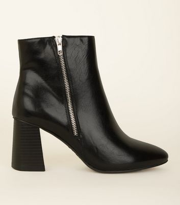 Wide Fit Black Pointed Block Flared Heel Ankle Boots | New Look