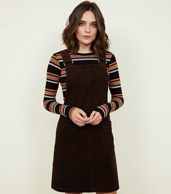 Dark Brown Corduroy Pocket Front Pinafore Dress | New Look