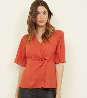 Orange Twist Wrap Front Top | New Look