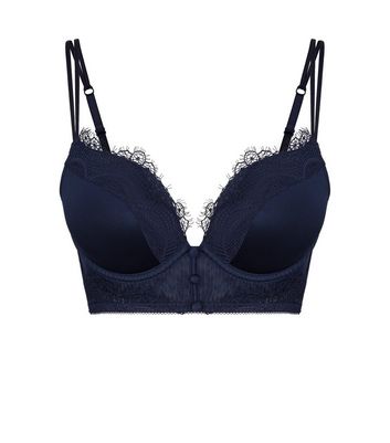 Navy Satin and Lace Longline Push-Up Bra | New Look