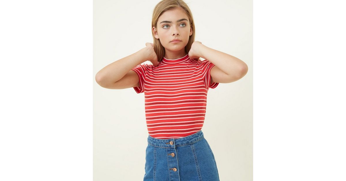 Girls Red Stripe High Neck Ribbed Top | New Look