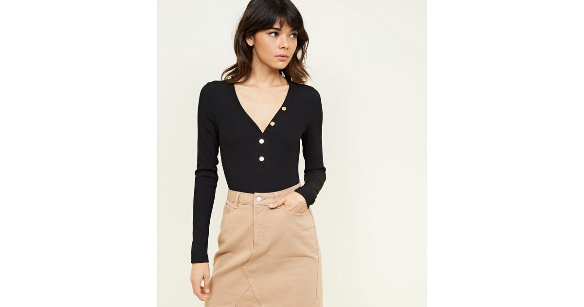 Black Ribbed Button Front Bodysuit | New Look