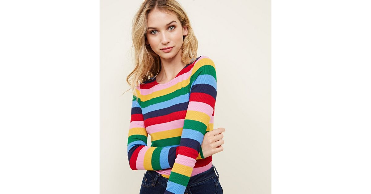 Rainbow Stripe Long Sleeve Ribbed Top | New Look