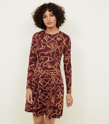 Red Chain Print Long Sleeve Tea Dress | New Look