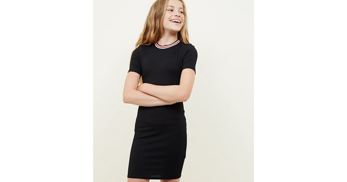 Girls Black Ribbed Stripe Neck Bodycon Dress | New Look