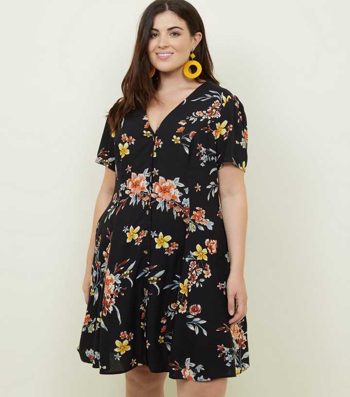 Curves Black Bright Floral Button Front Tea Dress | New Look
