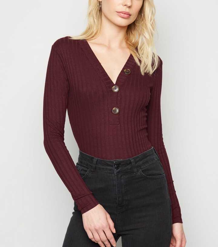 Burgundy Ribbed Button Front Cardigan | New Look