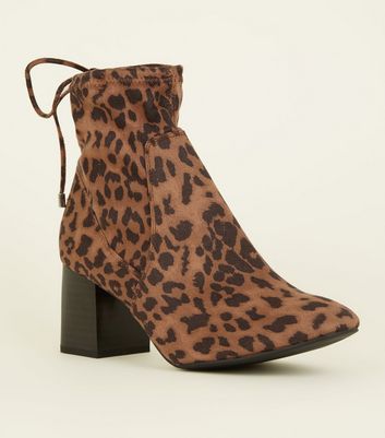 Wide Fit Brown Suedette Leopard Print Sock Boots | New Look