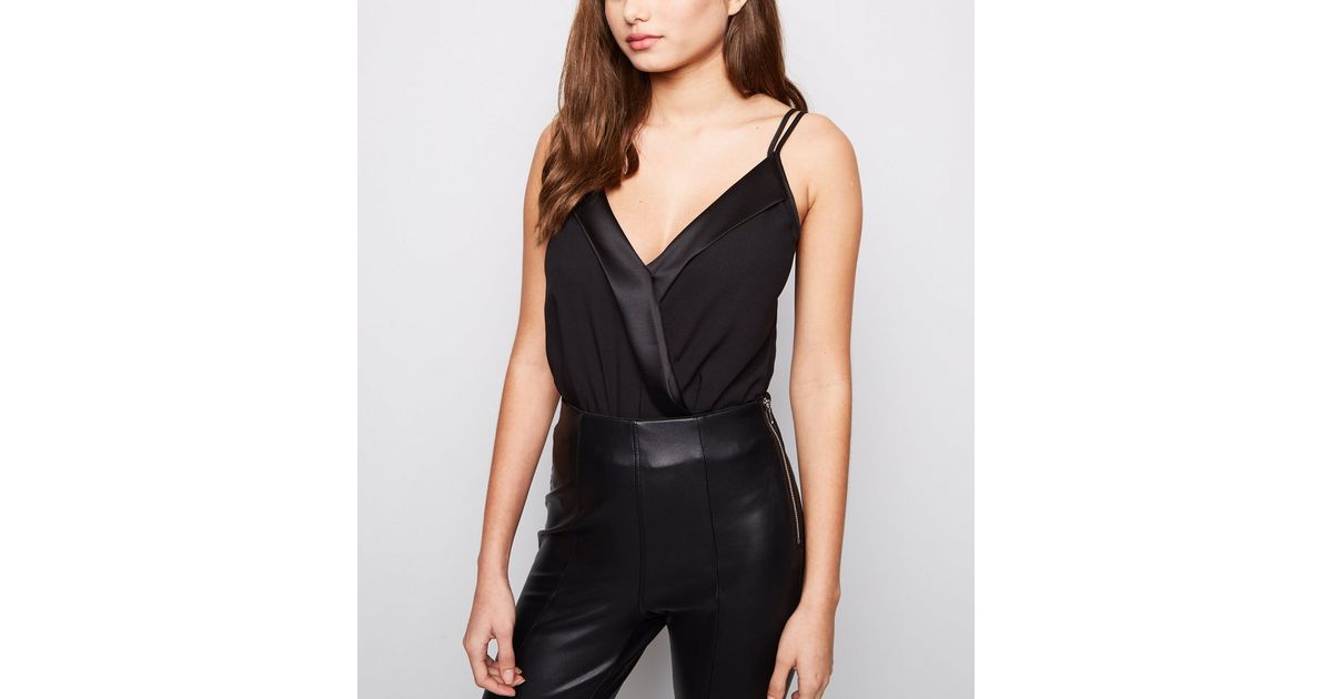 Black Wrap Front Satin Bodysuit New Look
