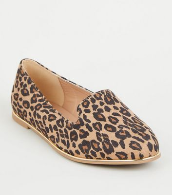 Wide Fit Stone Leopard Print Metal Trim Loafers | New Look