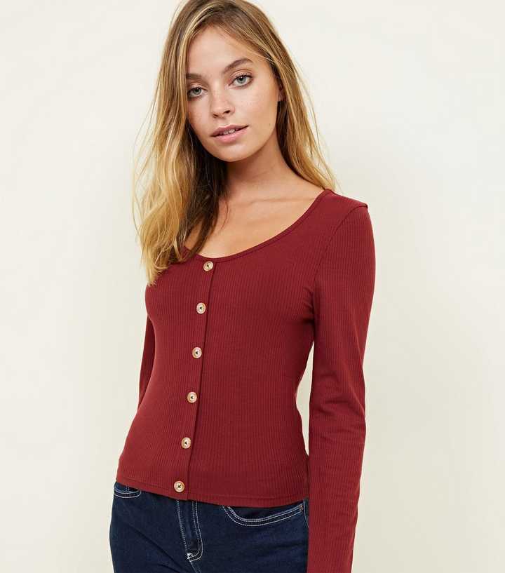 Petite Burgundy Button Front Ribbed Top | New Look