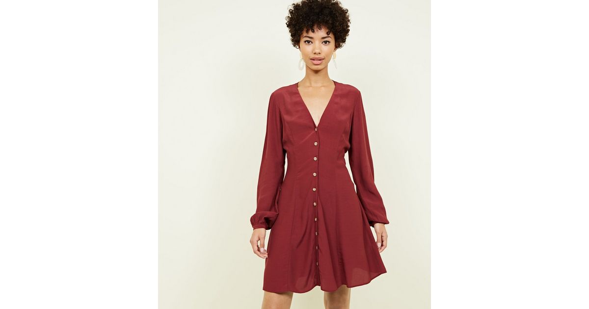 Plum Balloon Sleeve Button Front Tea Dress | New Look