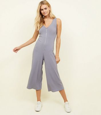 Grey Ribbed Ring Pull Zip Front Jumpsuit | New Look