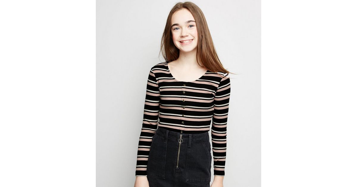 Girls Black Stripe Button Front Top | New Look