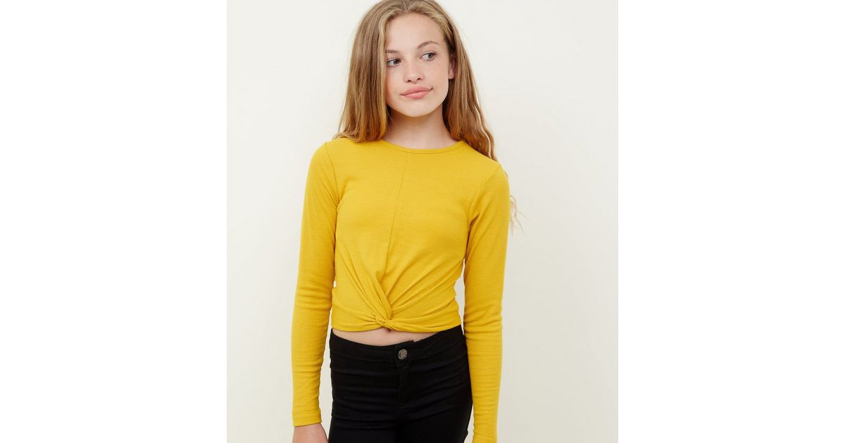 Girls Mustard Ribbed Long Sleeve Twist Front Top | New Look