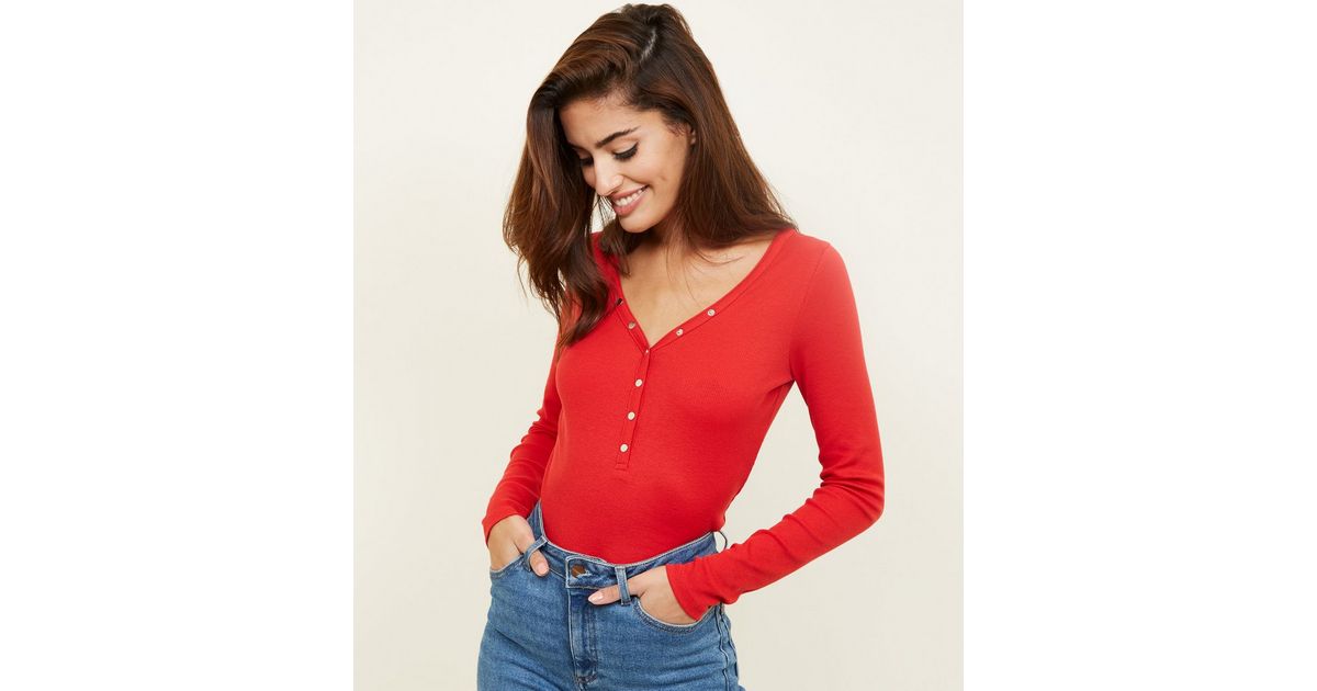 Red V Neck Popper Front Ribbed Top | New Look